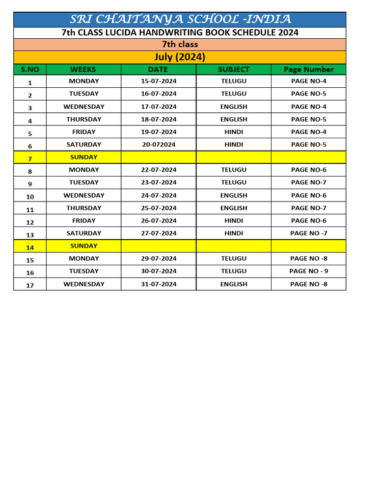 7th Class Lucida Handwriting Book Schedule 2024 | PDF