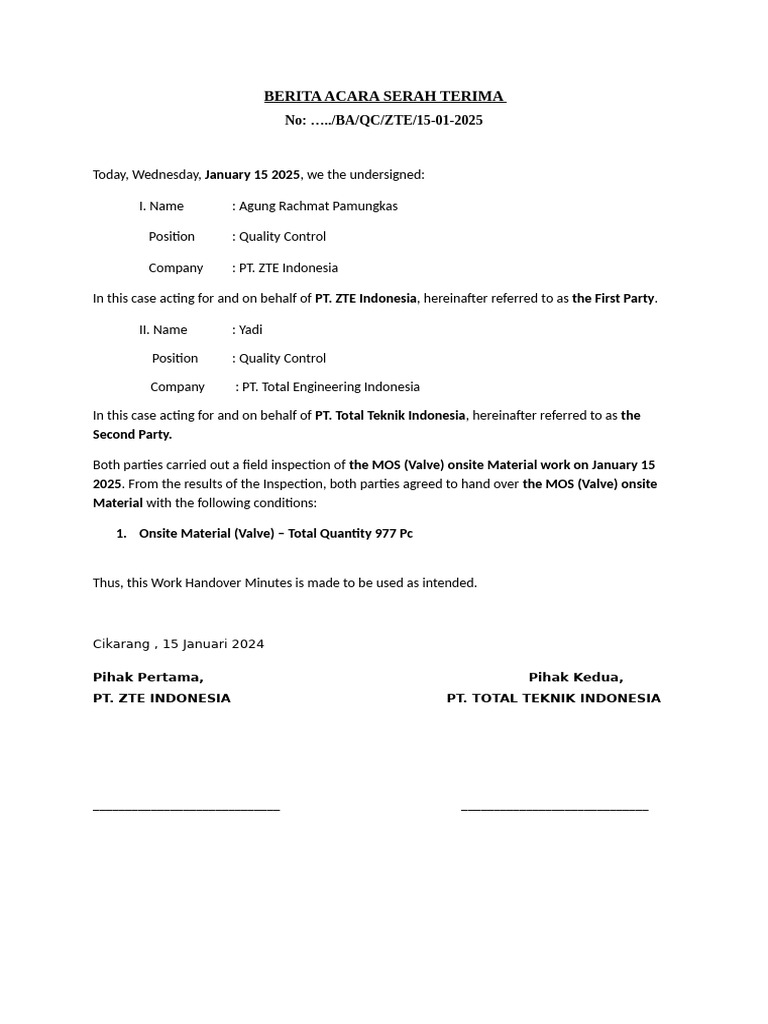 Hand Over Letter (Subcont) | PDF