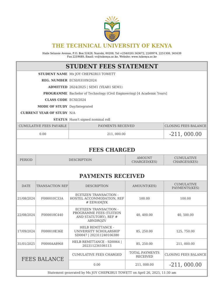 Fees-Statement-ECSI 03109 2024 | PDF | Payments