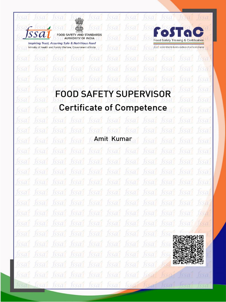 Food Safety Supervisor Certificate | PDF