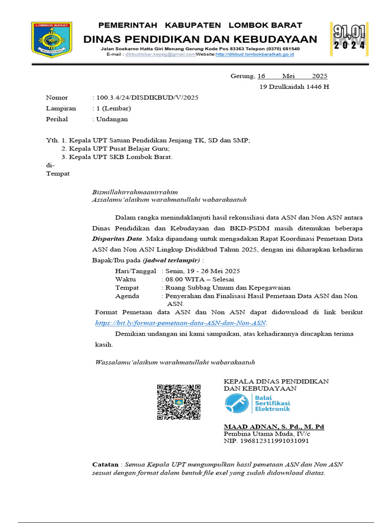 Surat Undangan Pemetaan Data ASN Non ASN 2025 | PDF