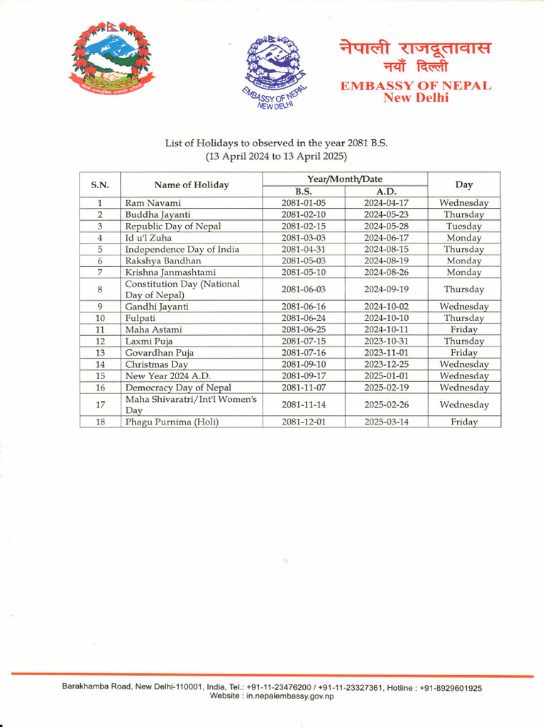 List of Holidays To Be Observed in The Year 2081 B.S | PDF