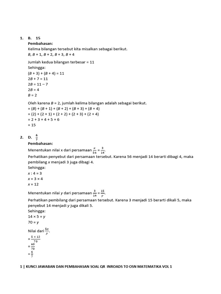 Kunci Jawaban Dan Pembahasan Soal QR Inroads To Osn Matematika Vol 1 | PDF