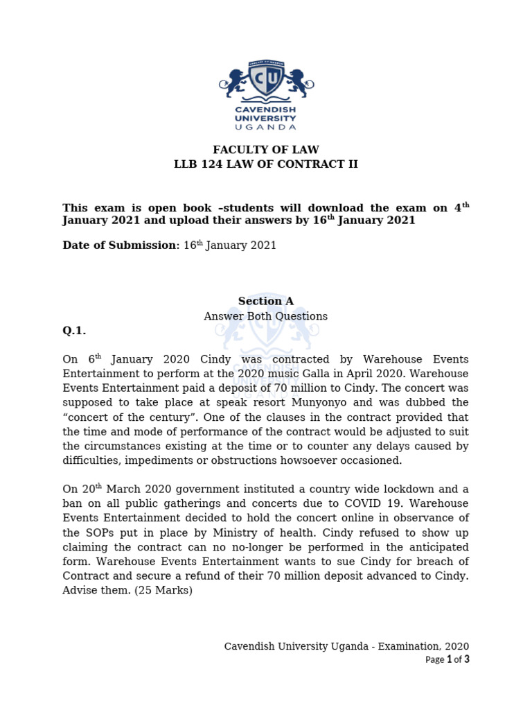 LLB Contract Law Exam Questions 2021 | PDF | Breach Of Contract | Damages