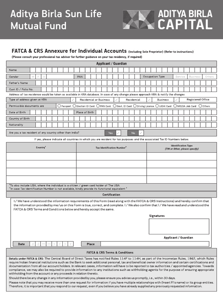 FATCA and CRS Annexure For Individual Accounts 280723 | PDF