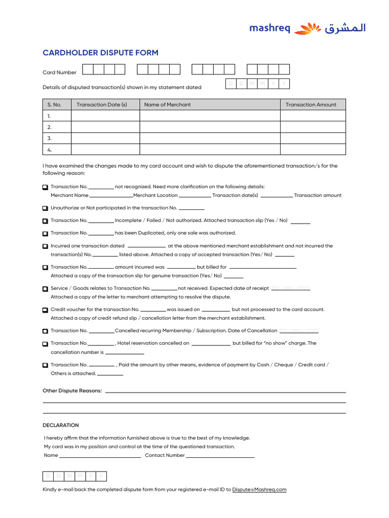 Mashreq Bank Dispute Form Guide | PDF | Credit Card | Personal Finance
