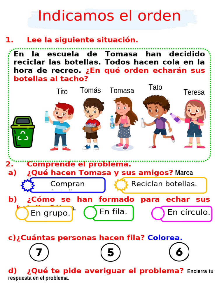 Ficha Matemática Indicamos El Orden Señalamos El Primero, Penúltimo y ...
