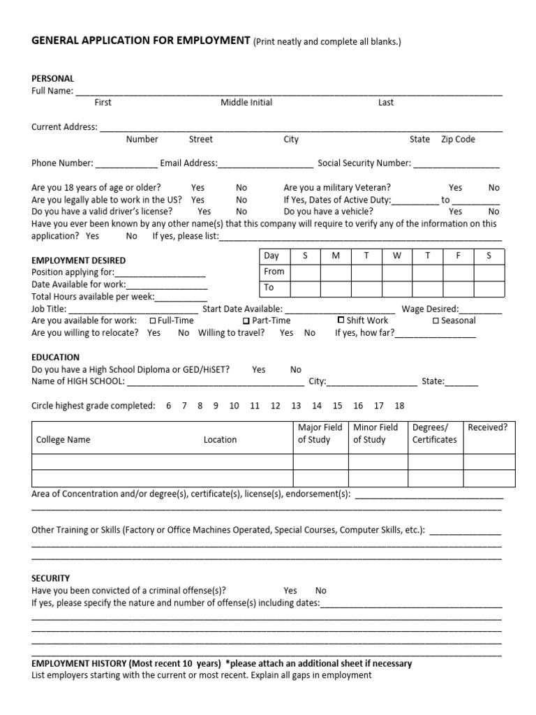 General Employment Application Form | PDF | General Educational Development