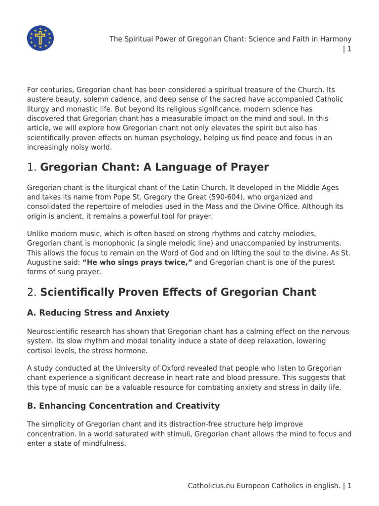The Spiritual Power of Gregorian Chant - Science and Faith in Harmony ...
