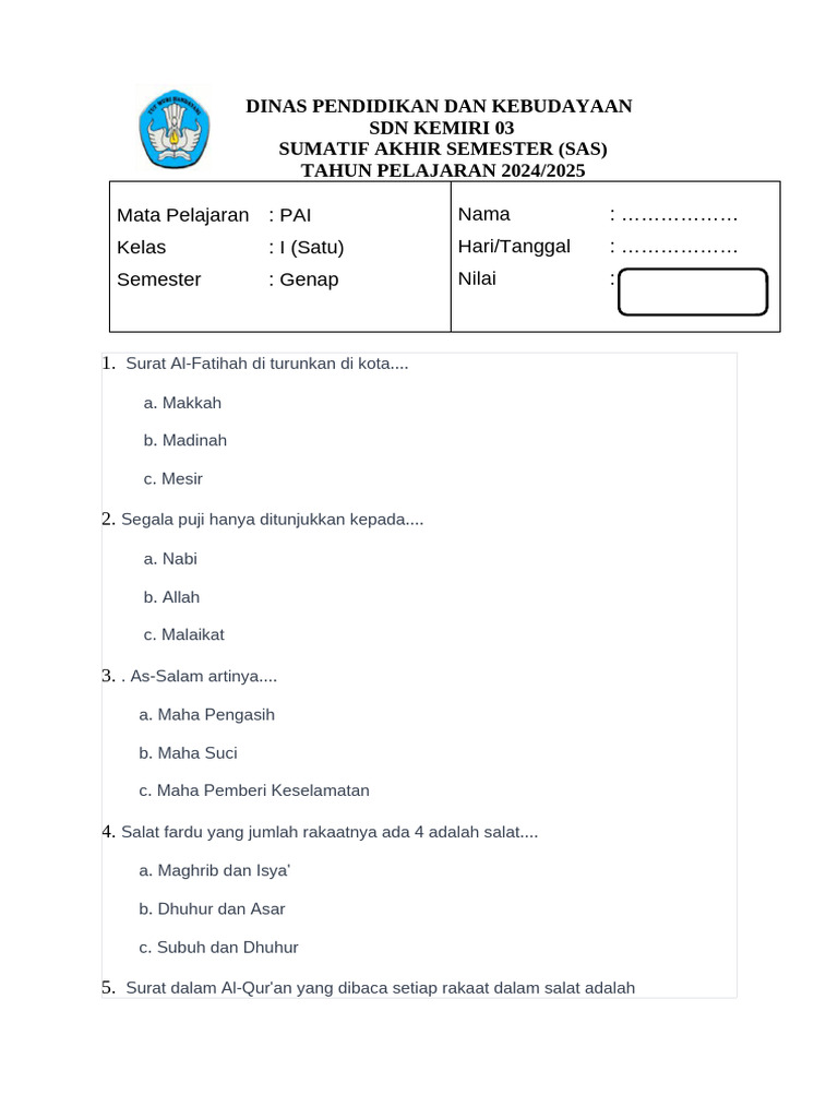 Soal Seni Rupa Kls 1 SMTR 2 | PDF
