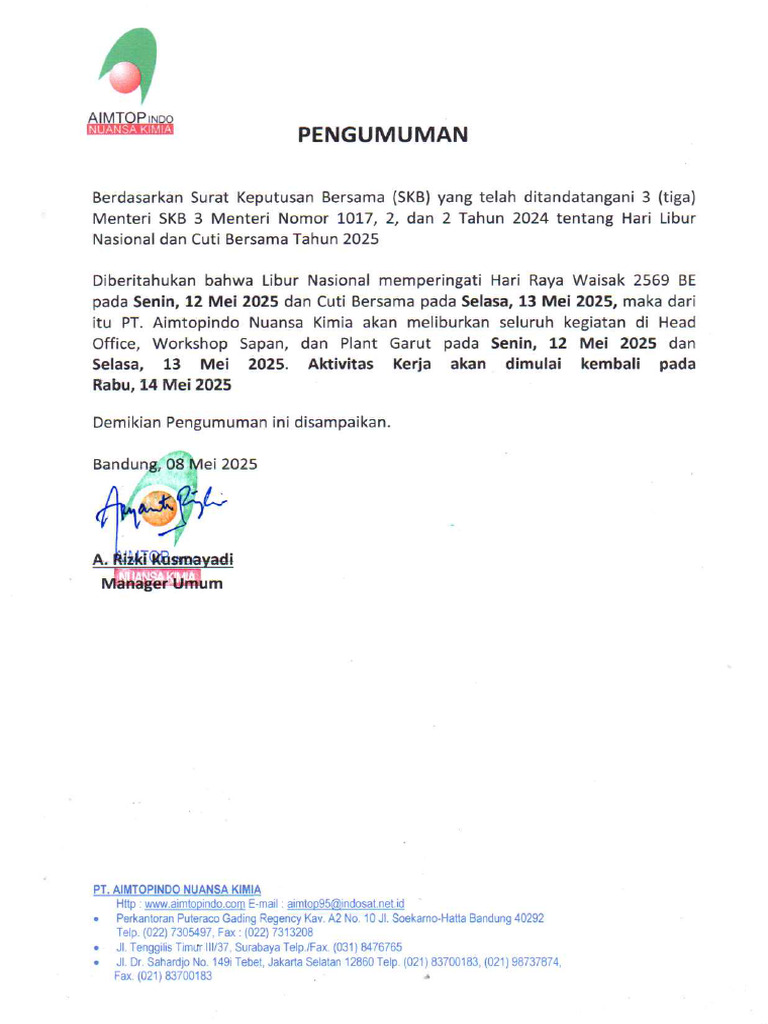 Pengumuman Libur Cuti Bersama Hari Raya Waisak - 2025 | PDF