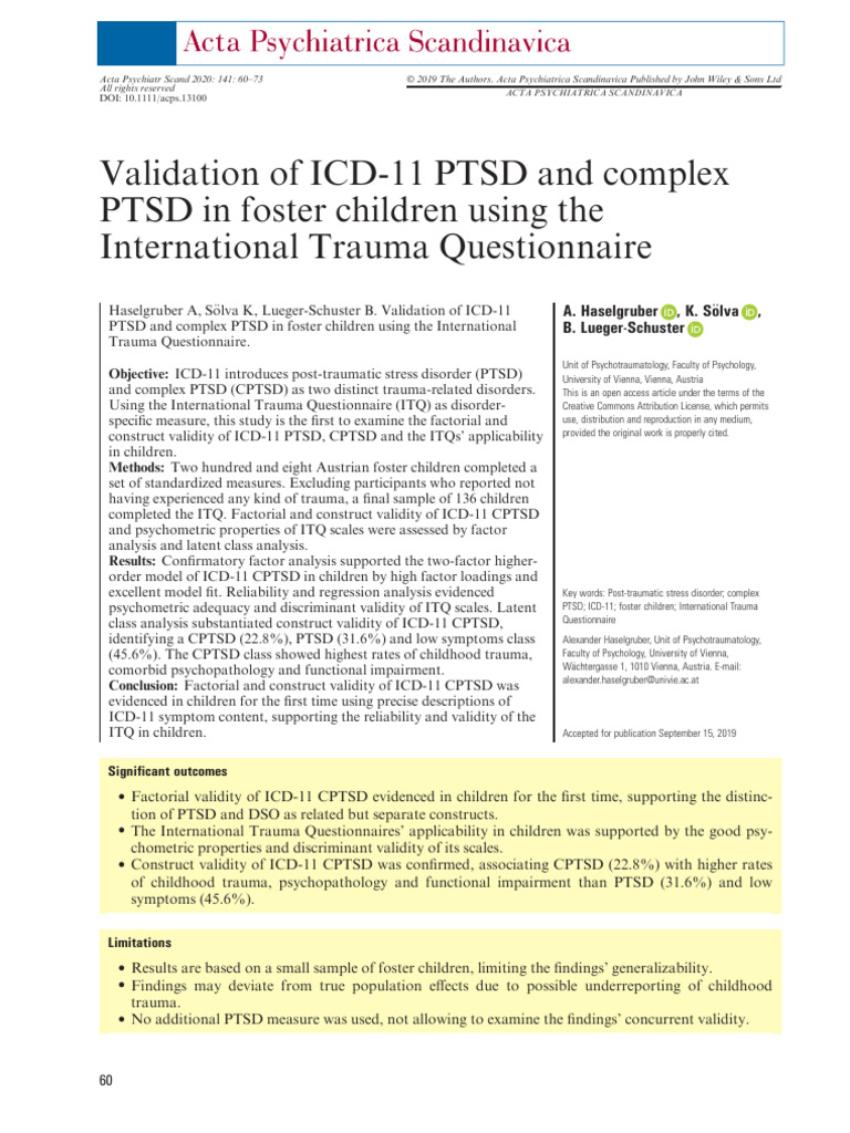 Article-Validation of ICD-11 PTSD and CPTSD in Foster Children Using The ITQ | PDF | Complex ...