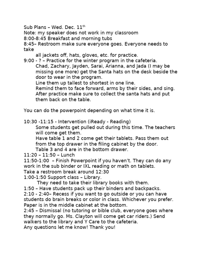 Sub Plans April 16th | PDF