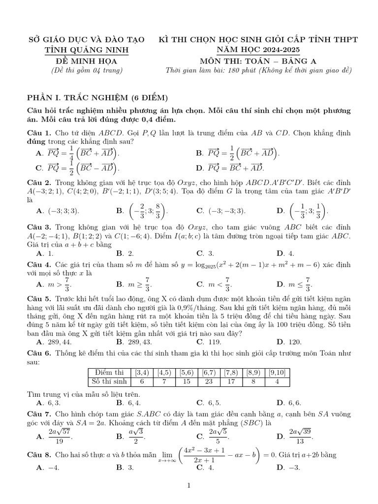 ĐỀ MINH HỌA TOÁN HSG TỈNH 12 2024 BẢNG A | PDF