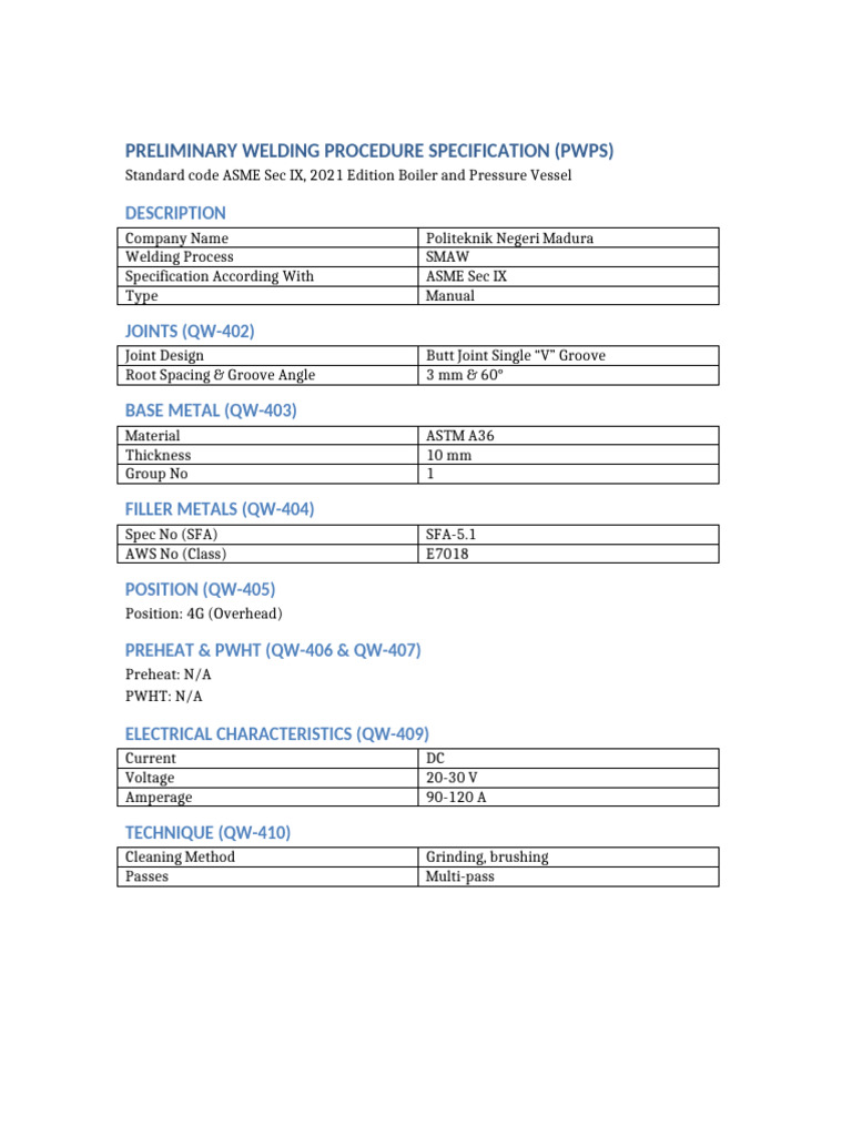 PWPS for SMAW Welding ASME Sec IX | PDF