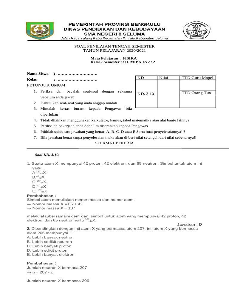 Soal PTS XII MIPA Semester 2 2020-2021 Jawaban | PDF