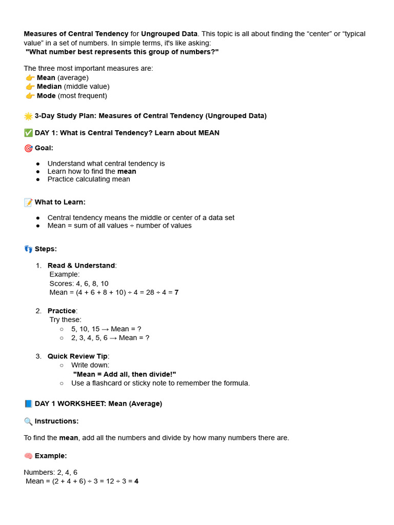 Measures of Central Tendency for Ungrouped Data | PDF | Mean | Arithmetic Mean