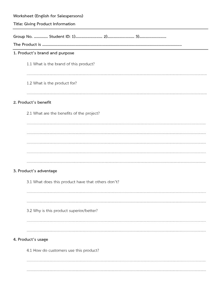 Product Information Worksheet for Sales | PDF