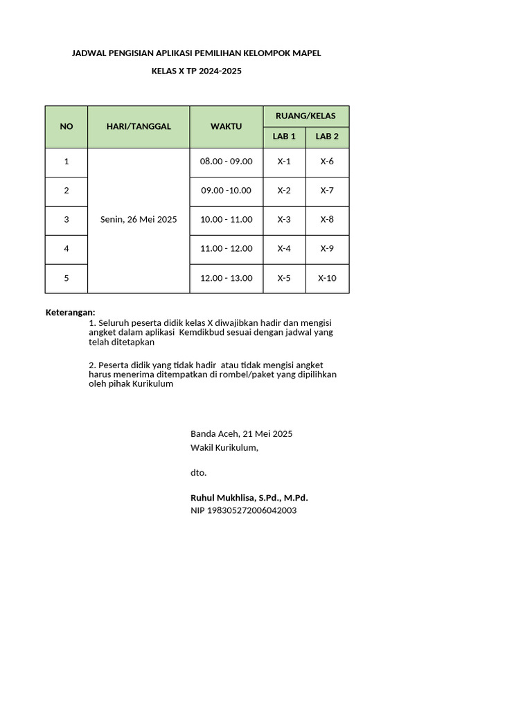 Jadwal Pilih Kelompok Mapel | PDF