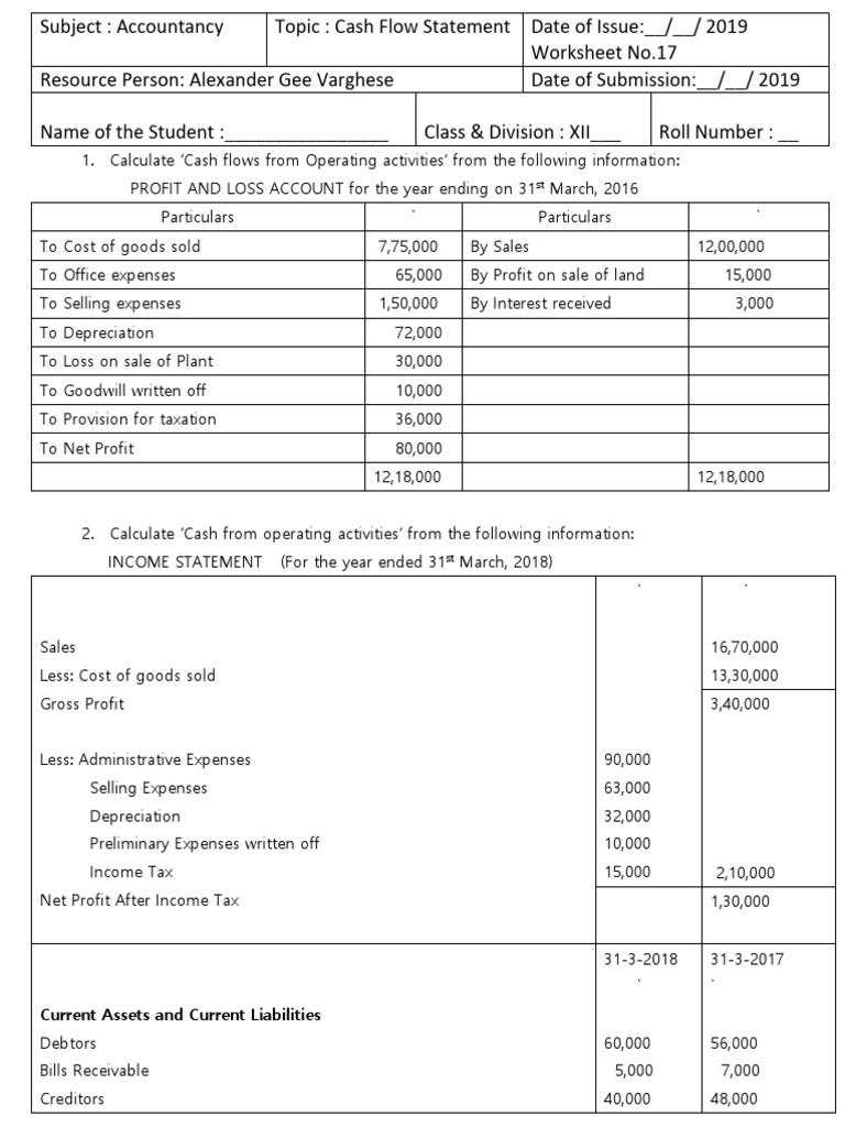 Worksheet-17 - Cash Flow Statement | PDF | Balance Sheet | Equity (Finance)