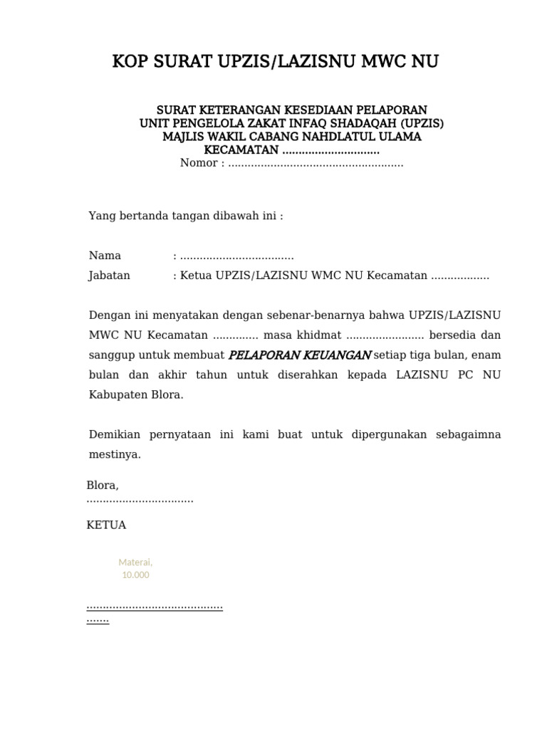 Surat Kesediaan Pelaporan UPZIS MWC NU | PDF