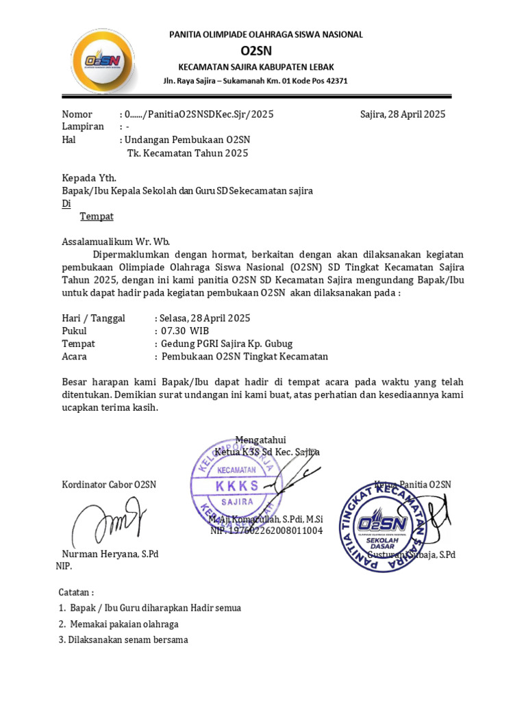 Surat Undangan Pembukaan O2SN 2025 Kec. Sajira | PDF
