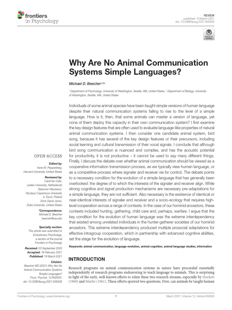 Why Are No Animal Communication Systems Simple Languages? | PDF ...