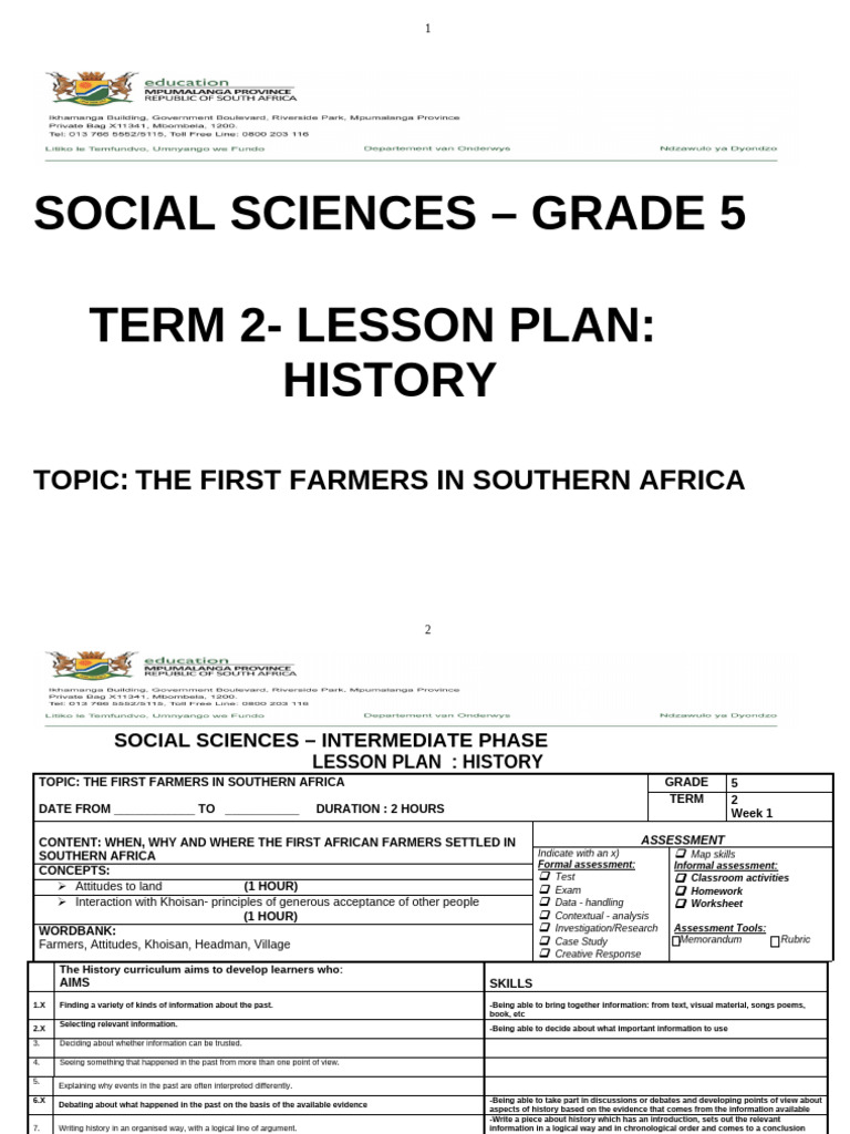Grade 5 History: First Farmers in Africa | PDF | Lesson Plan | Information