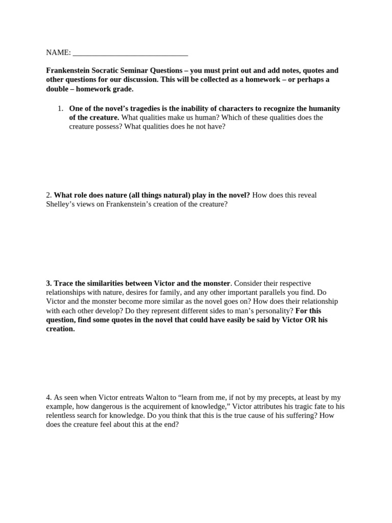 Socratic Seminar Questions for Frankenstein | PDF