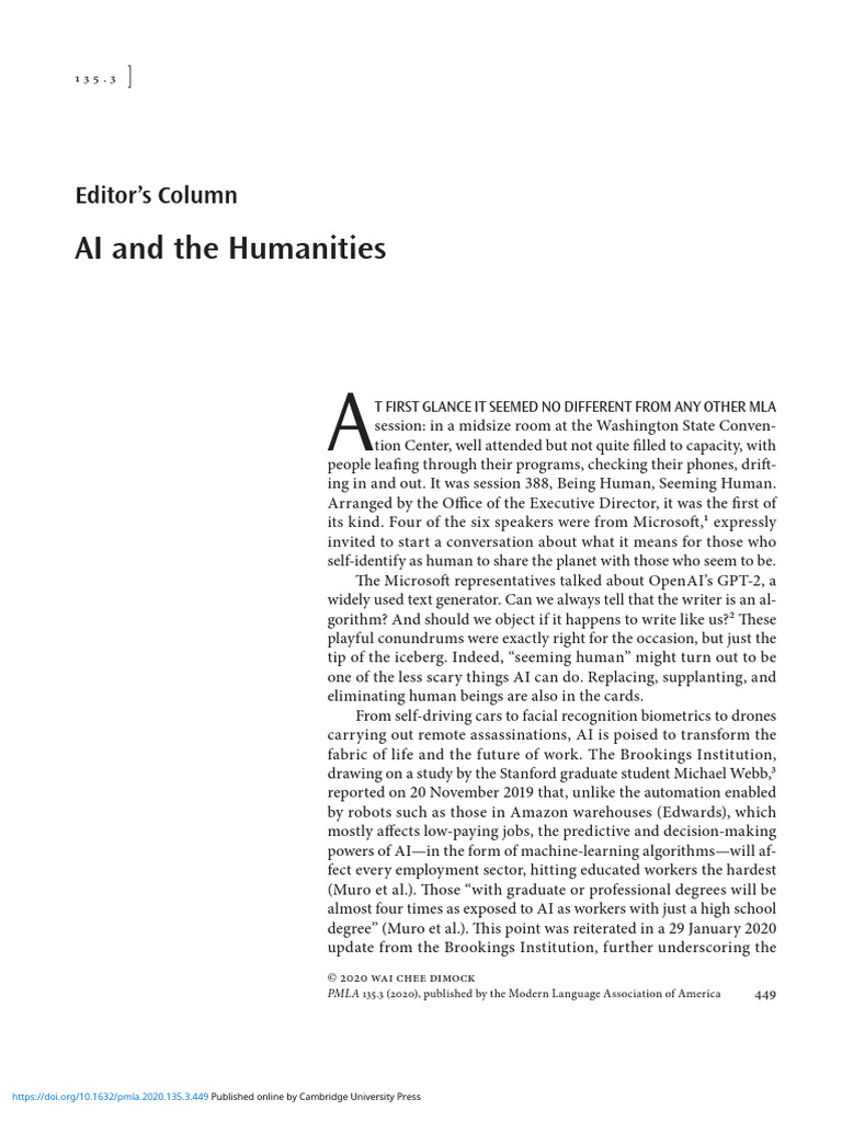 Editors ColumnAI and The Humanities - Wai Chee Dimock | PDF | Artificial Intelligence ...