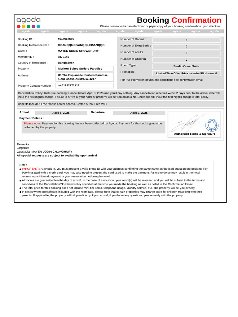 Confirmation For Booking ID # 1549926825 | PDF