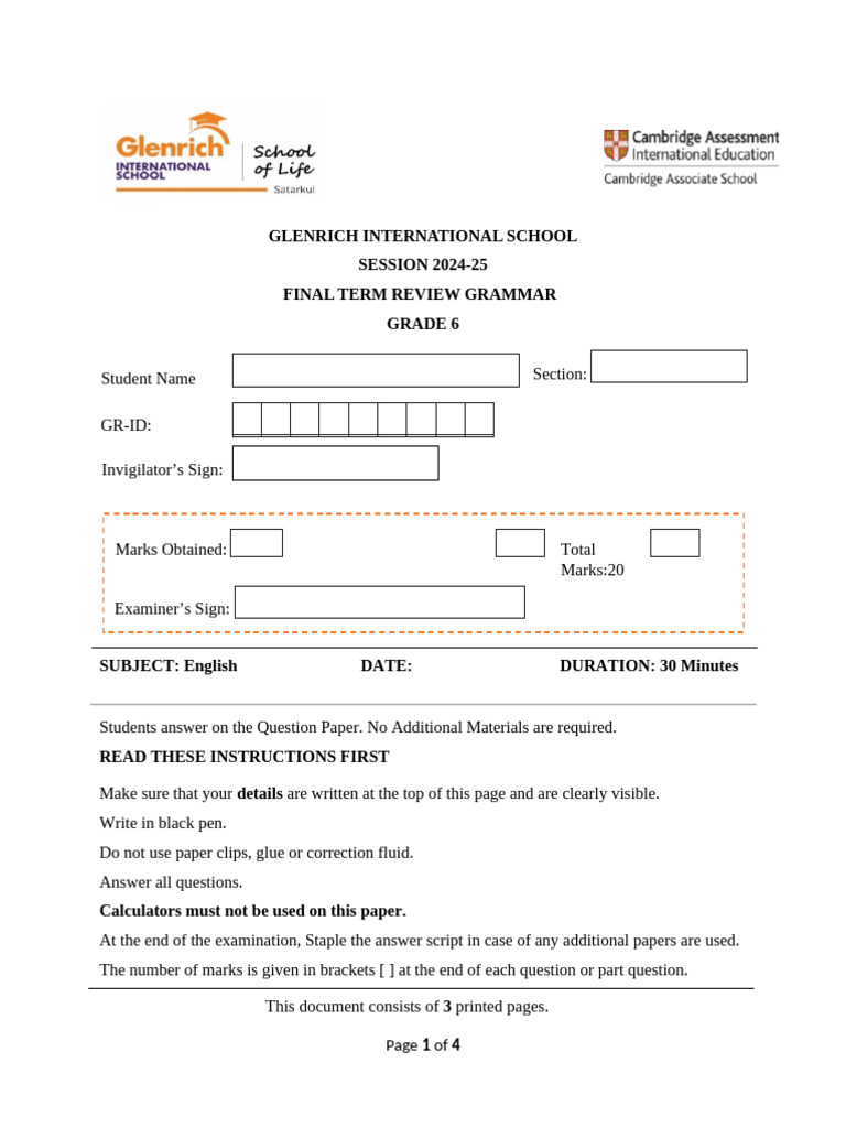 Grade 6, Final Exam Grammar Revision | PDF