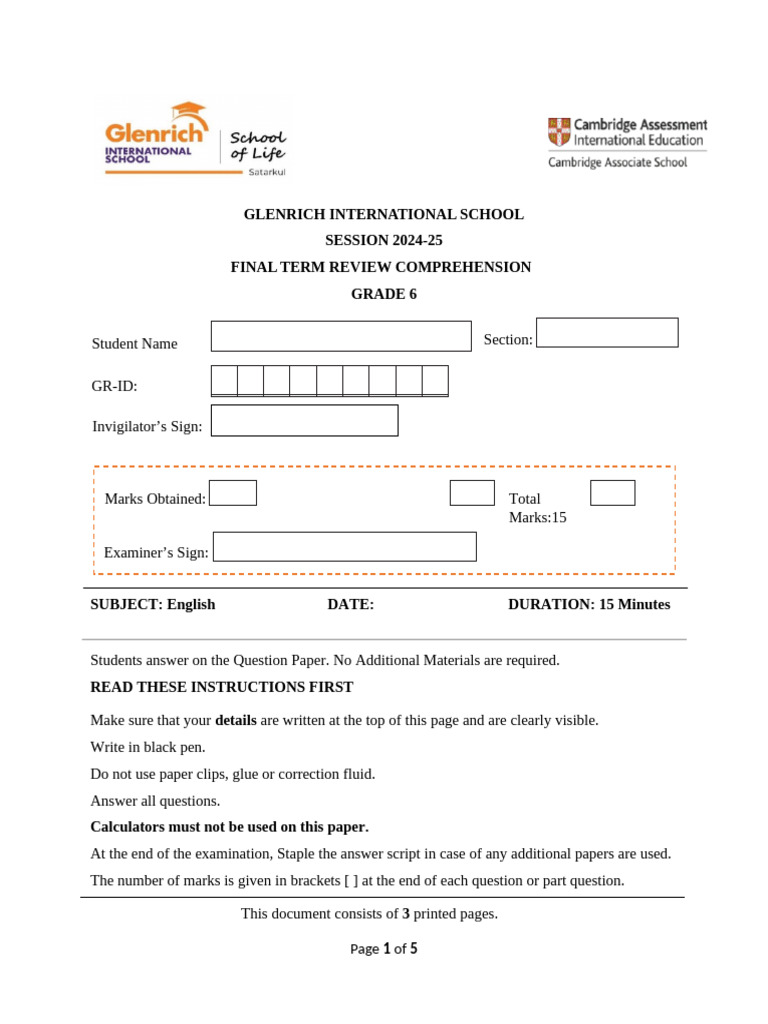 Grade 6, Final Exam Comprehension Revision | PDF | Paper