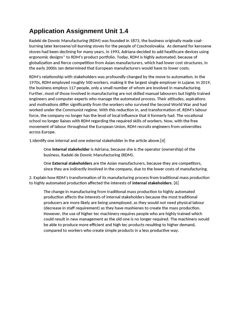 Unit 1.4 Application Assignment RDM | PDF | Mass Production | Business