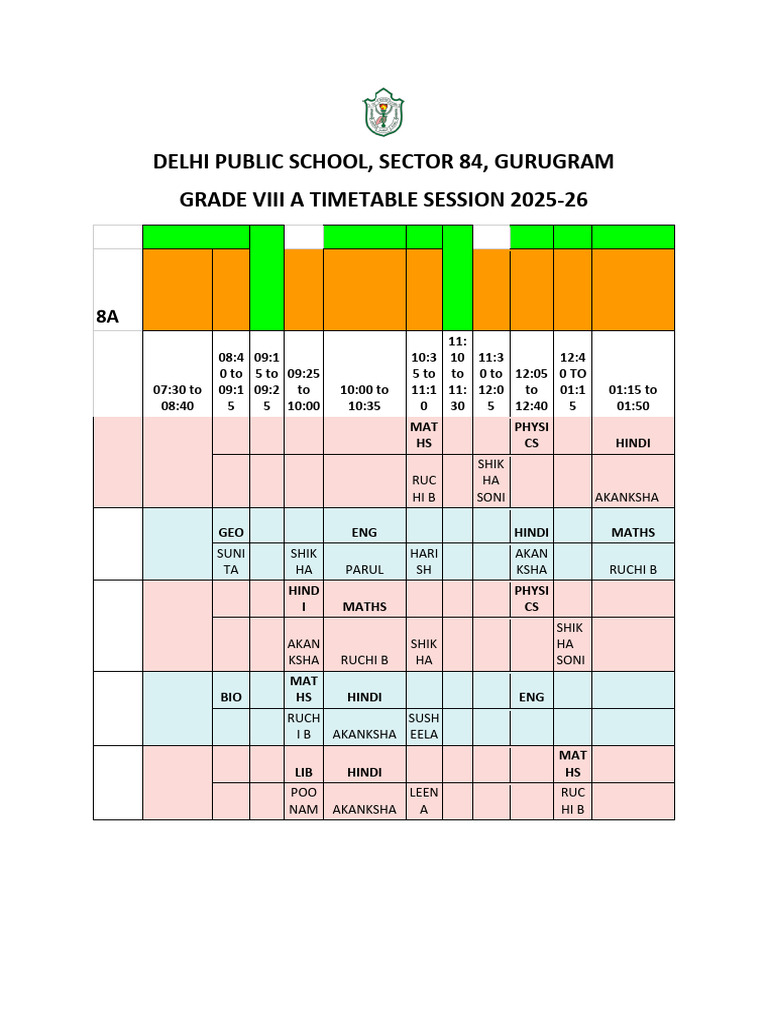 Grade VIII A Time Table | PDF
