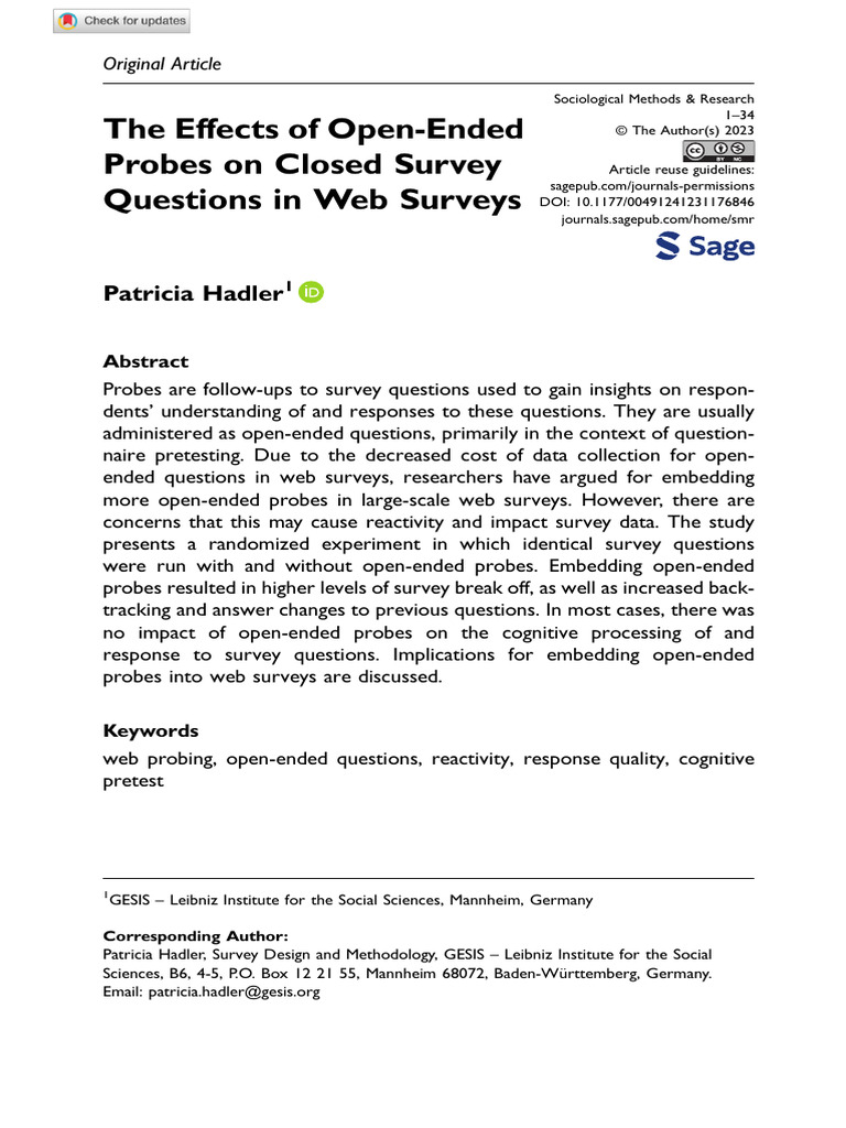 Hadler 2023 The Effects of Open Ended Probes On Closed Survey Questions ...
