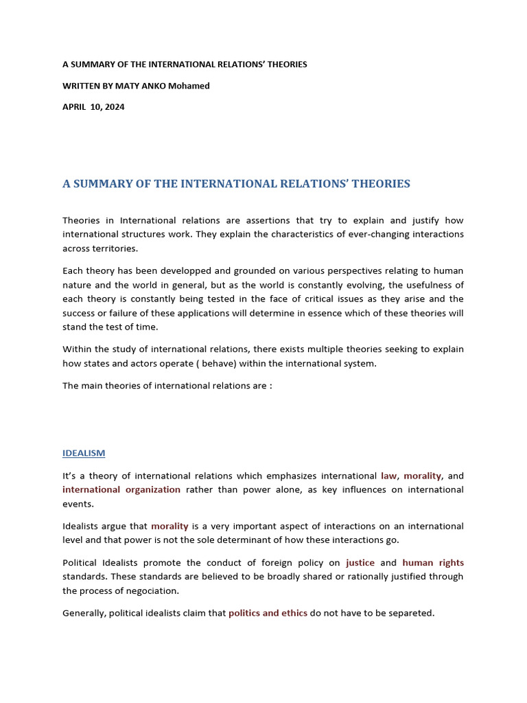 Overview of International Relations Theories | PDF | Neoliberalism ...