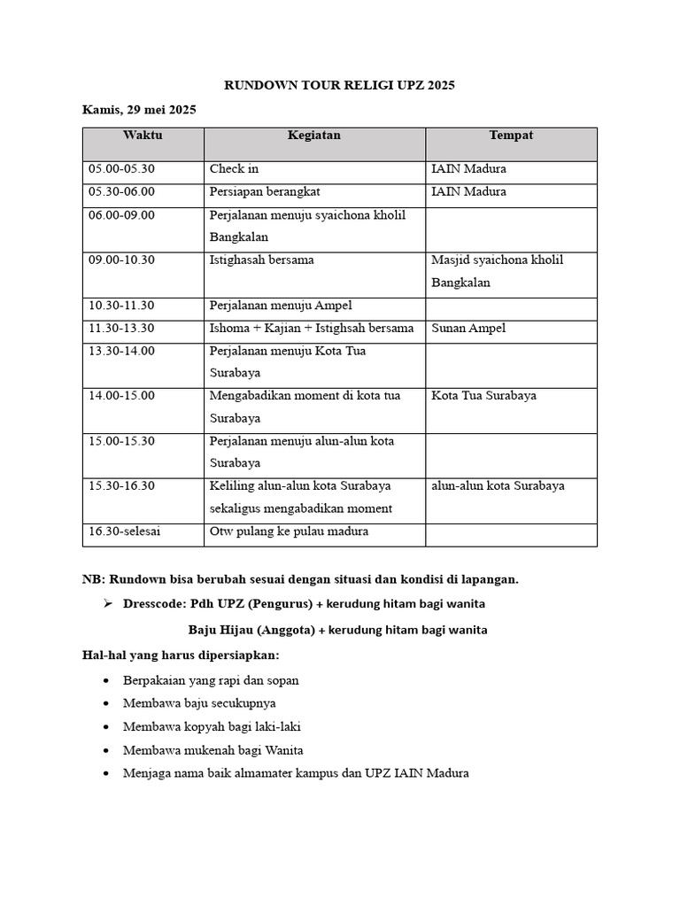 Rundown Tour Religi Upz 2025 | PDF