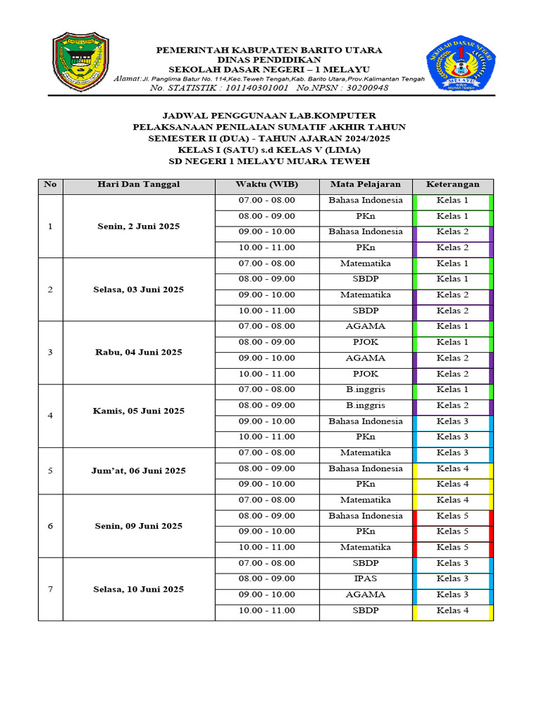JADWAL PENGGUNAAN LAB KOMPUTER PELAKSANAAN PENILAIAN SUMATIF AKHIR TAHUN AJARAN 2024-2025 SDN 1 ...