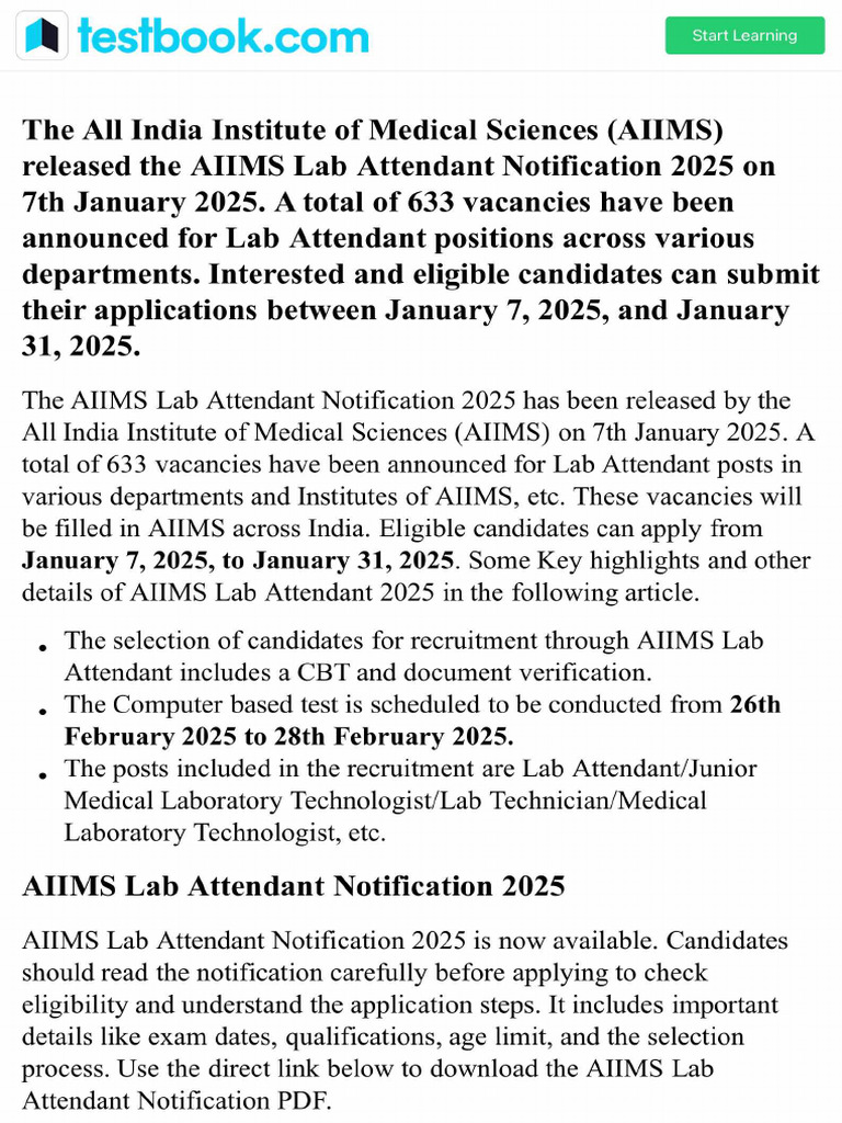 AIIMS Lab Attendant 2025 NotificationExam Info | PDF