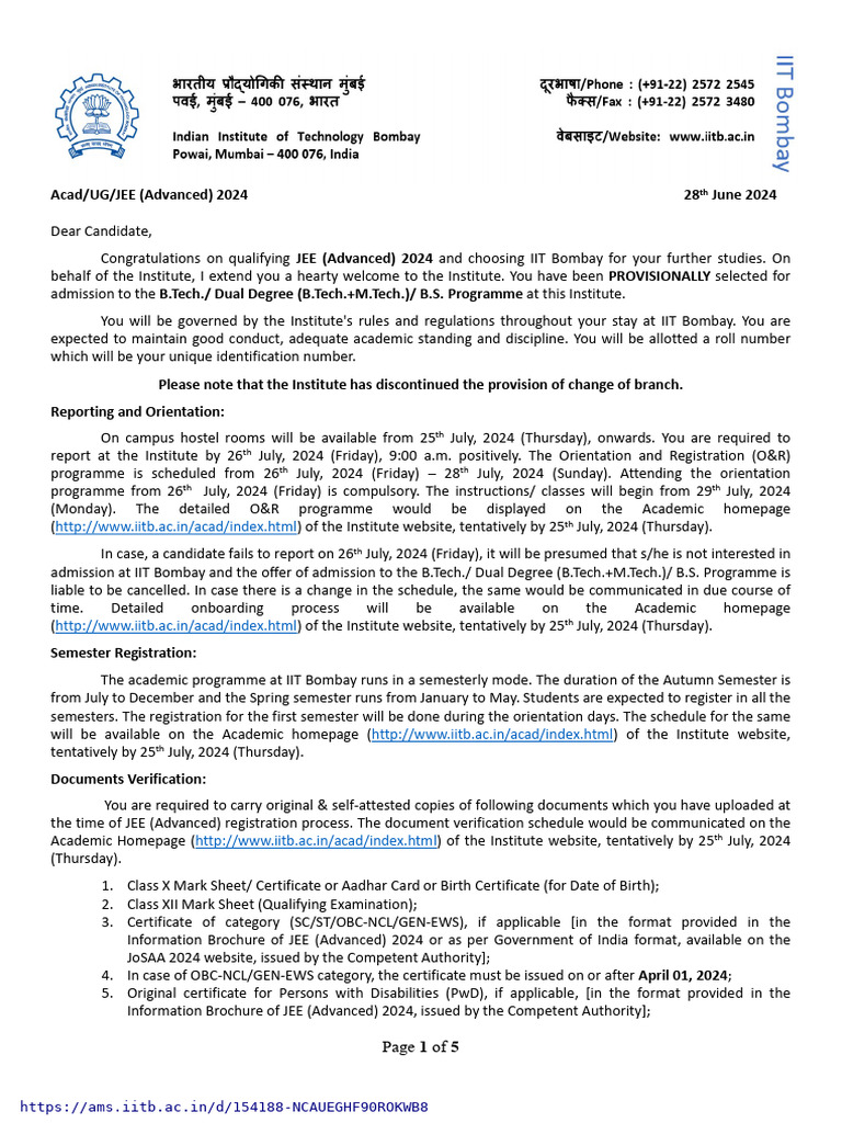 IIT Bombay B.Tech Orientation 2024 | PDF