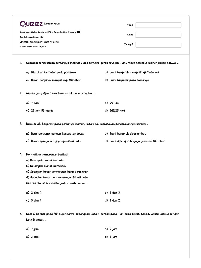 Asesment Akhir Jenjang IPAS Kelas 6 SDN Blarang III - Quizizz | PDF