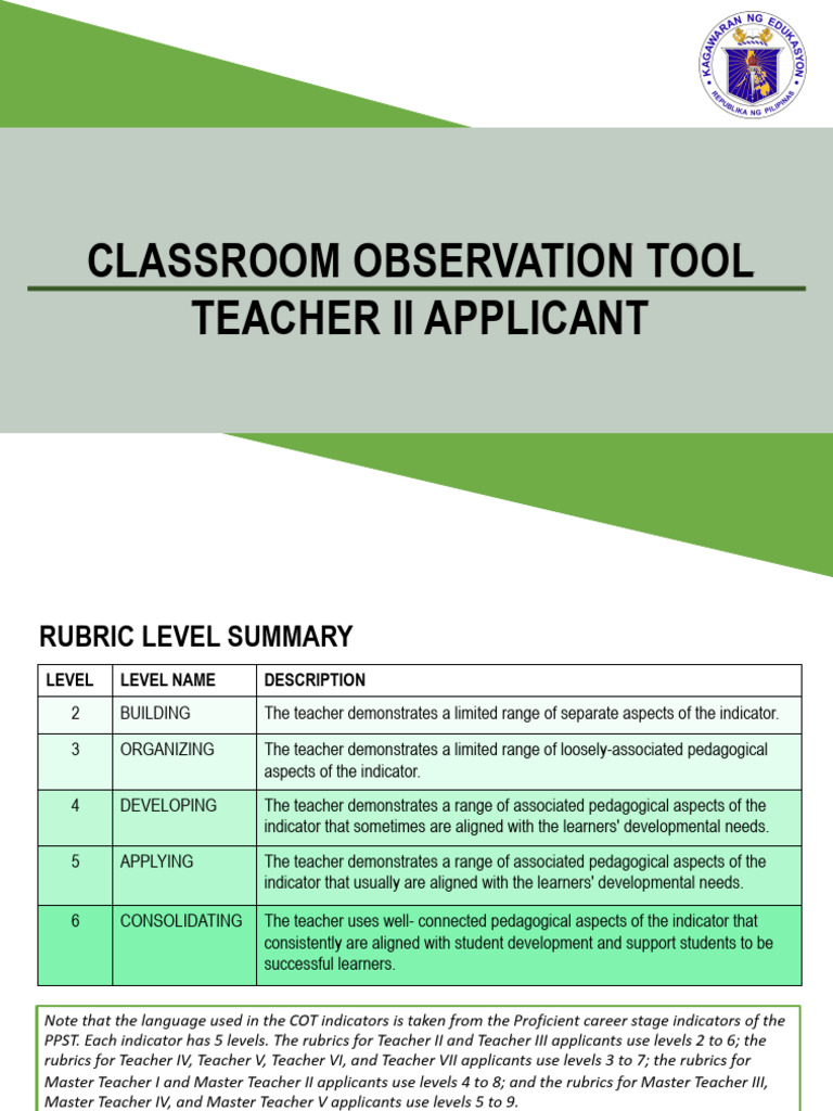 COT Rubric Teacher II Applicant | PDF | Learning | Teachers