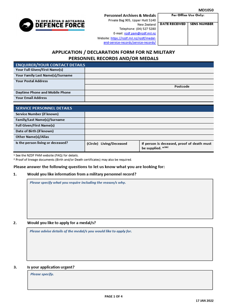 NZDF PAM Enquiry and Medal Application Form | PDF | Birth Certificate | Government