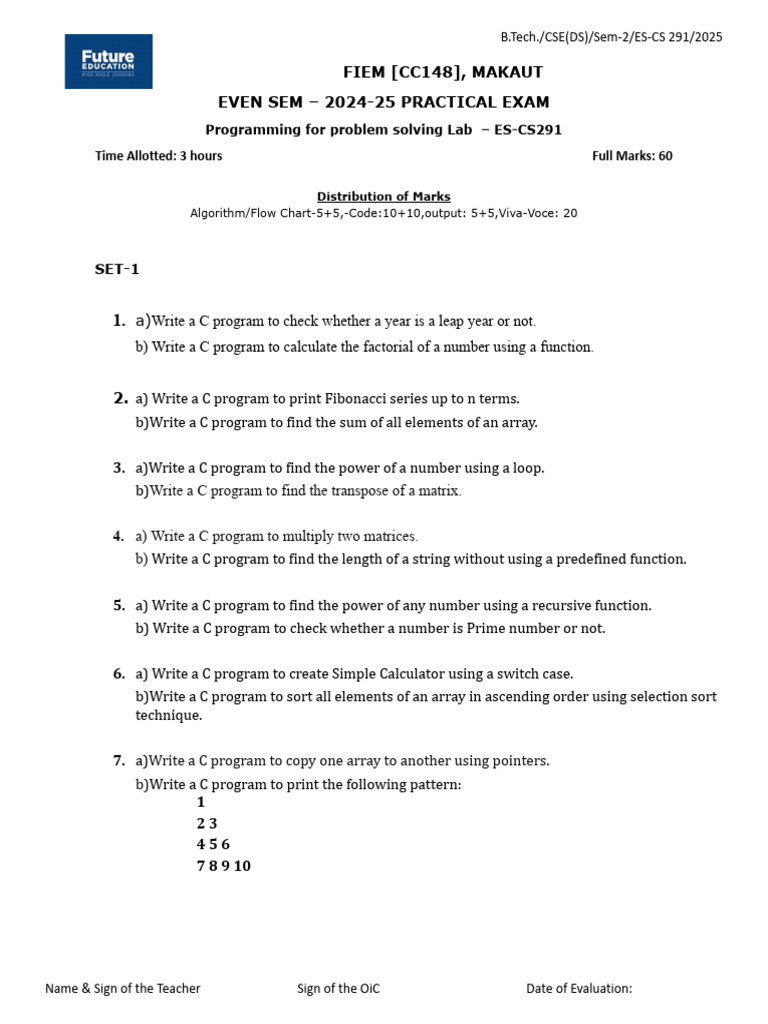 Makaut Question Paper Es-Cs291 2025 | PDF | Matrix (Mathematics ...