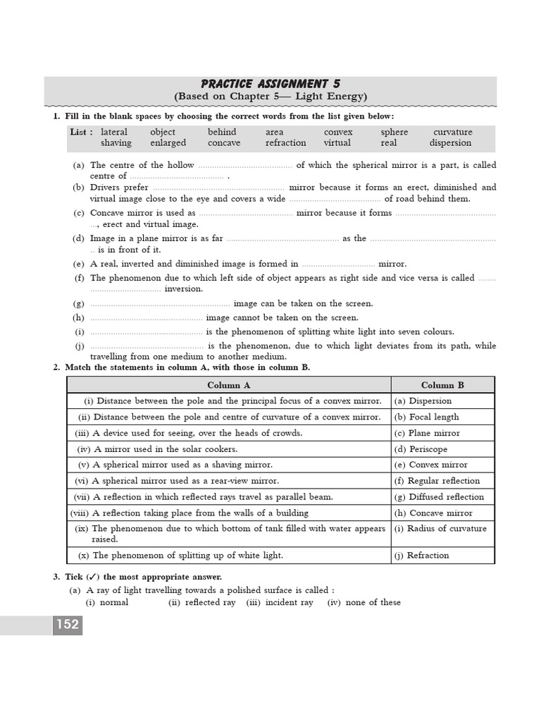 Physics Light Class 8 ICSE | PDF | Mirror | Reflection (Physics)