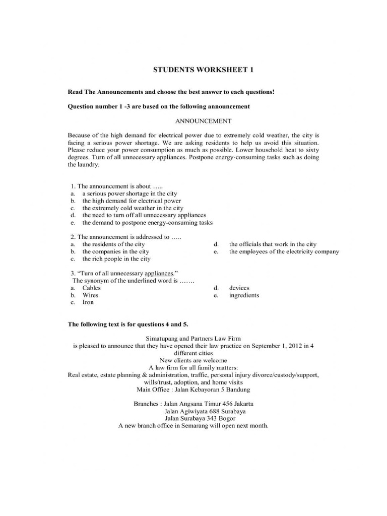 Worksheet Announcement | PDF