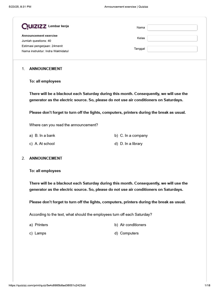 Announcement exercise _ Quizizz | PDF