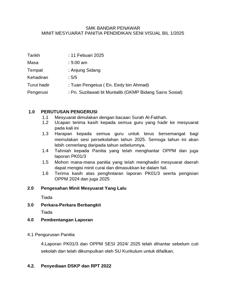 Minit Mesyuarat PSV Bil 1 2024 | PDF