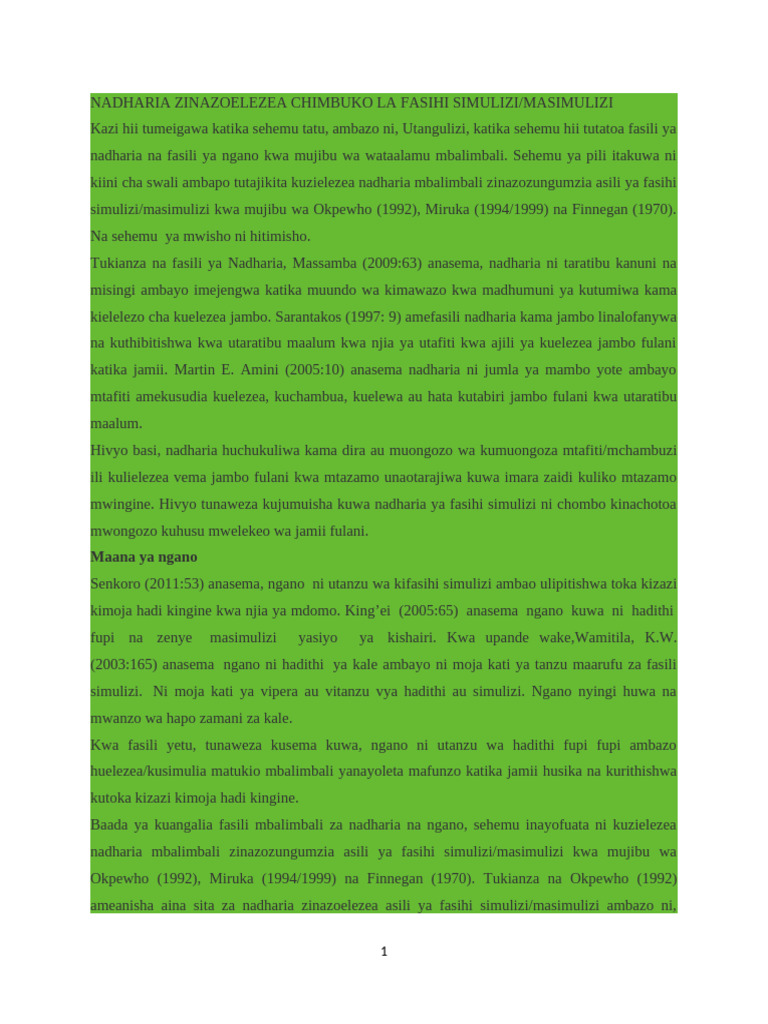 Nadharia Za Chimbuko La Fasihi Simulizi Ya Kaswahily@34 | PDF